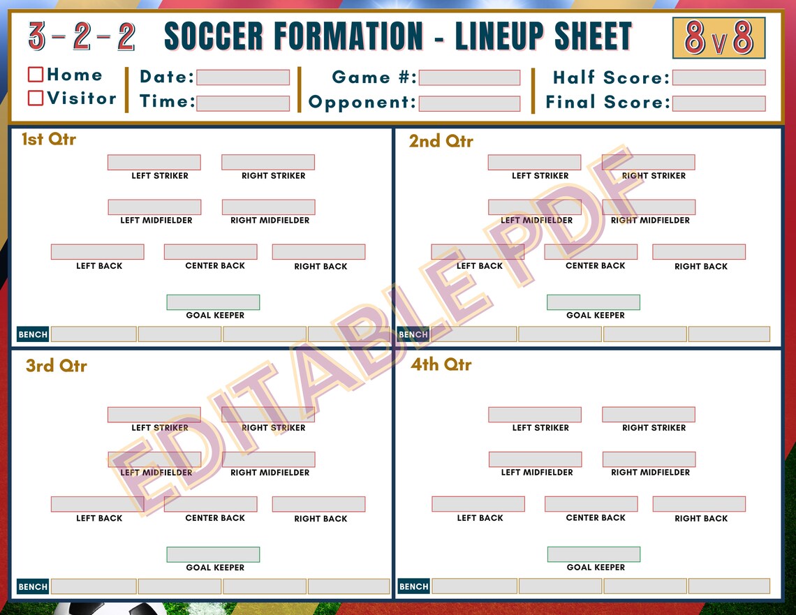 8v8 Soccer Formation Lineup Sheet Editable PDF Soccer Training Football ...