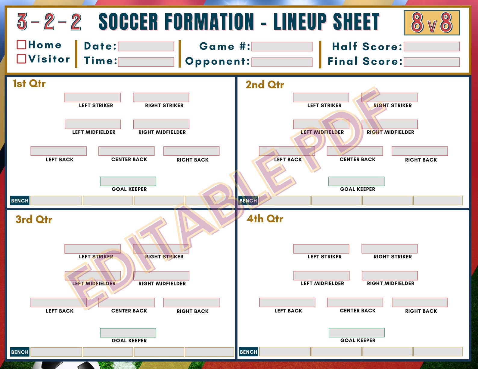 8v8 Soccer Formation Lineup Sheet, Editable PDF, Soccer Training ...