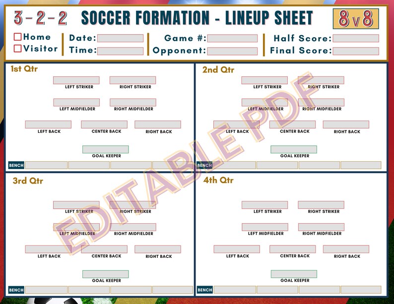 8v8 Soccer Formation Lineup Sheet, Editable PDF, Soccer Training ...