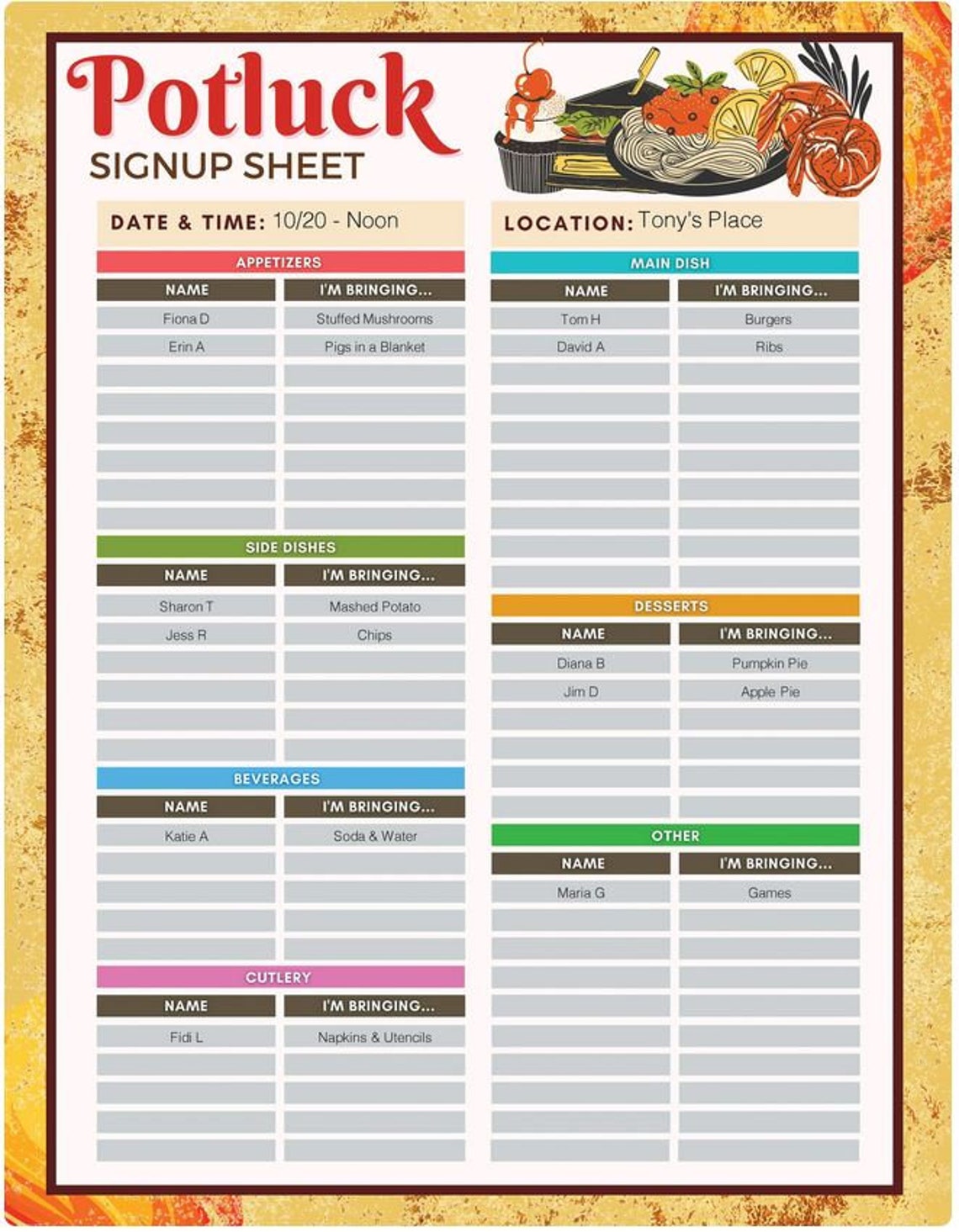 Editable Potluck Sign up Sheet Potluck Google Sheets Google - Etsy UK