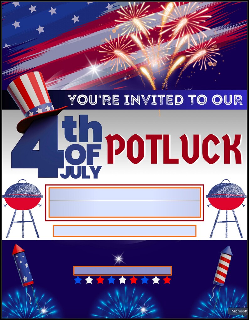 4th of July Potluck Invite, Independence Day, Digital Invitation, Party ...