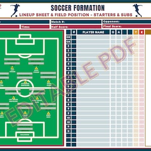 11v11 Soccer Formation Lineup Sheet With Starters and Subs, Fillable ...