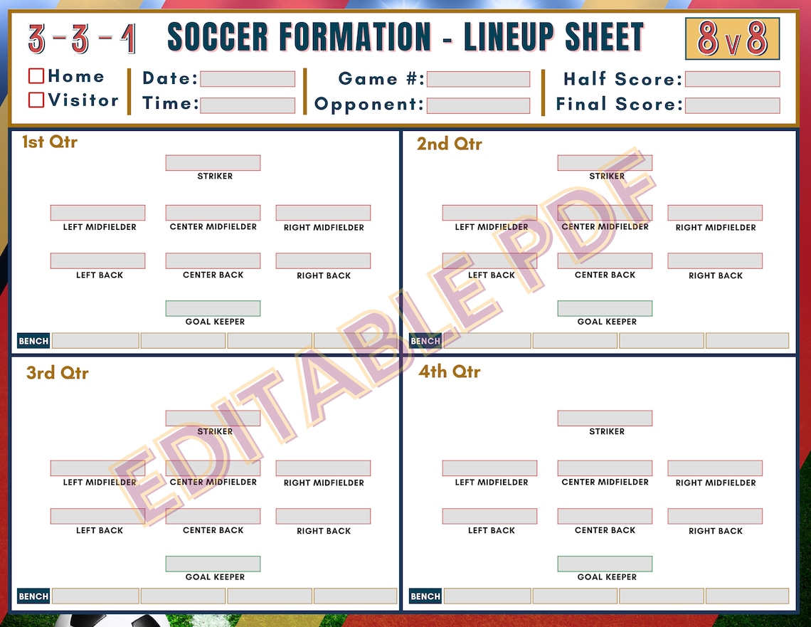 8v8 Soccer Formation Lineup Sheet Editable PDF Soccer - Etsy