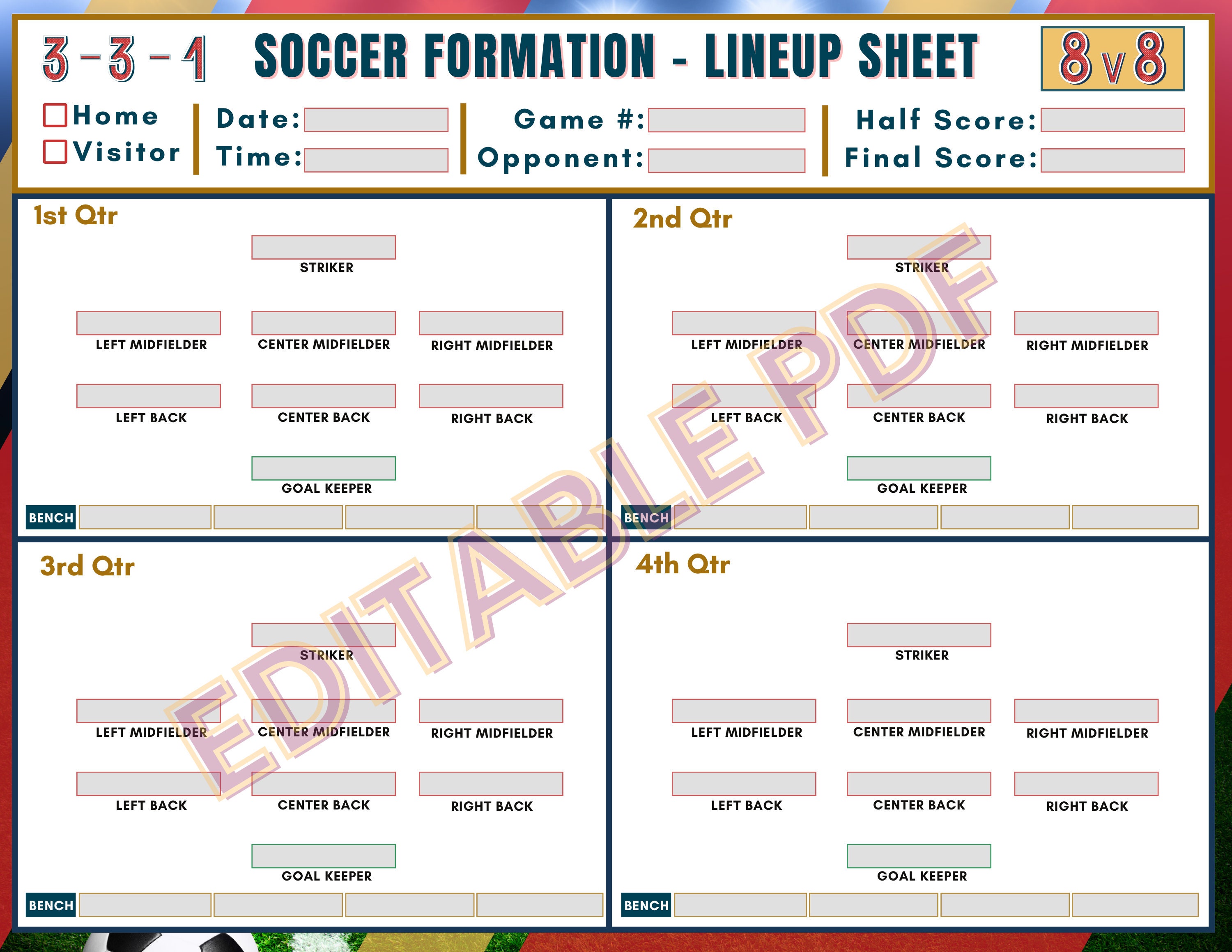 8v8 Soccer Formation Lineup Sheet, Editable PDF, Soccer Training ...