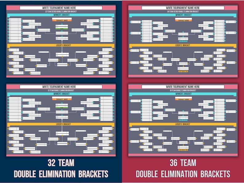 32, 36 Double Elimination Brackets, Printable Brackets, Seeded Brackets, Tournament Bracket ...