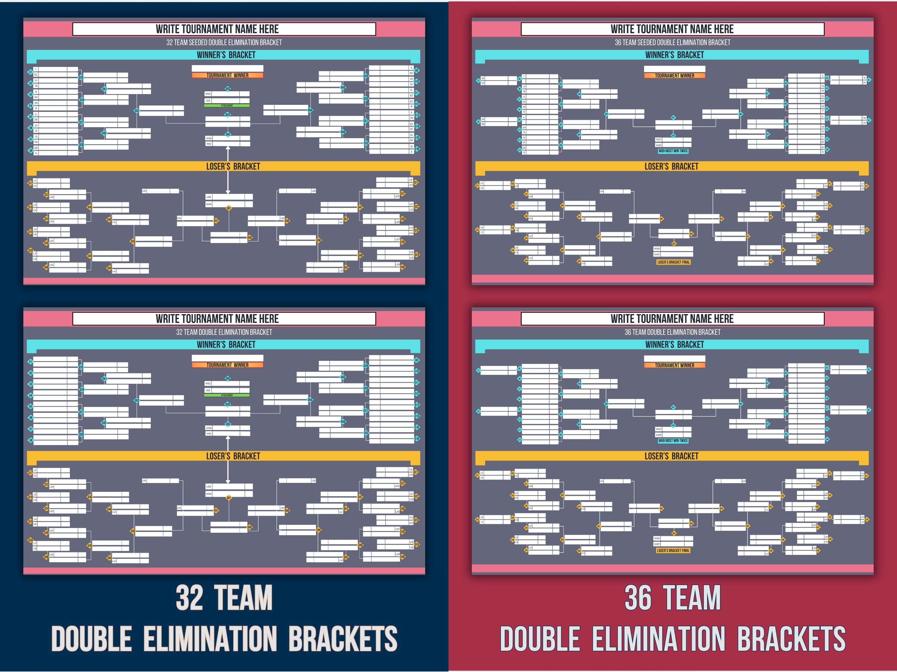 32, 36 Double Elimination Brackets, Printable Brackets, Seeded Brackets ...