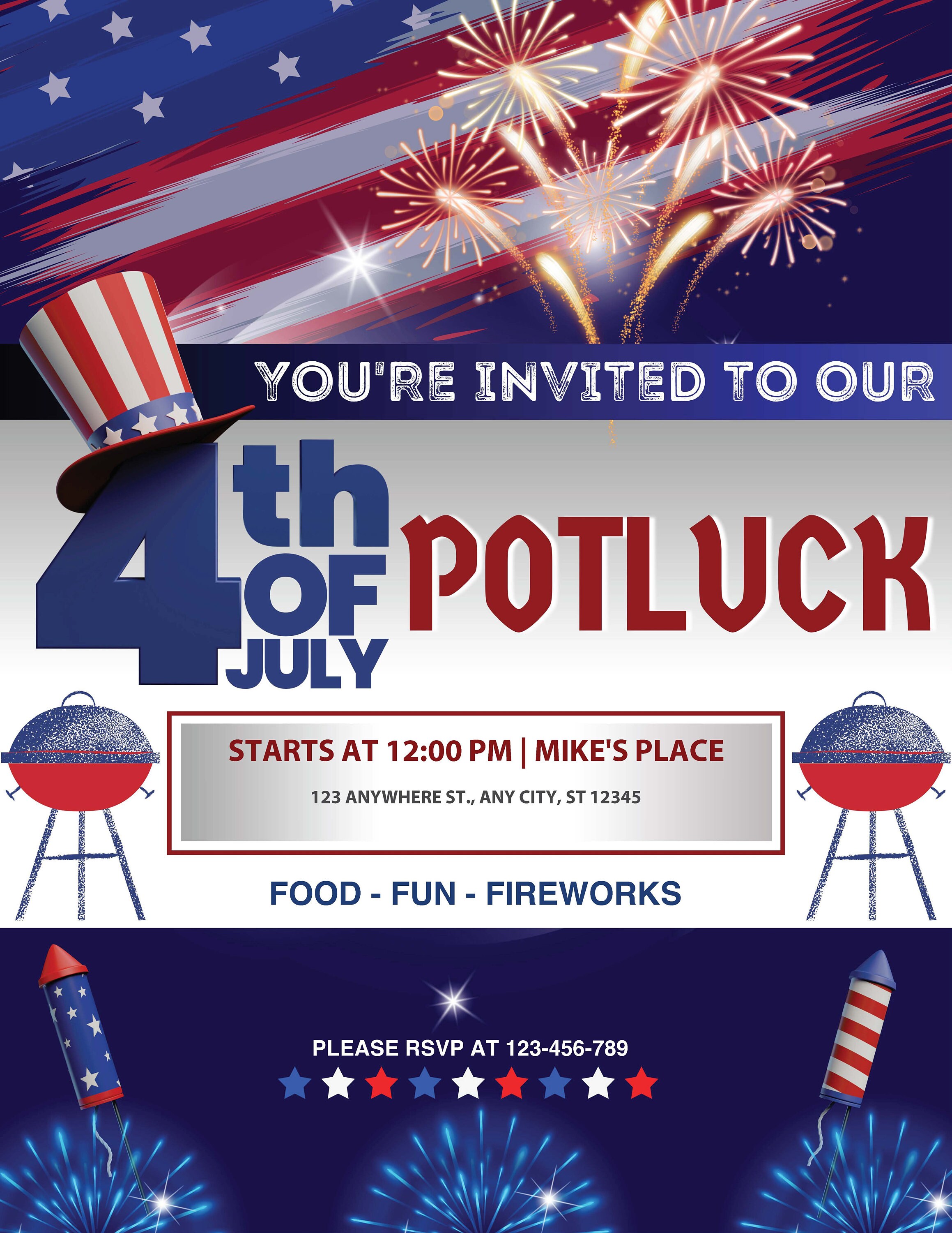 4th of July Potluck Invite, Independence Day, Digital Invitation, Party ...