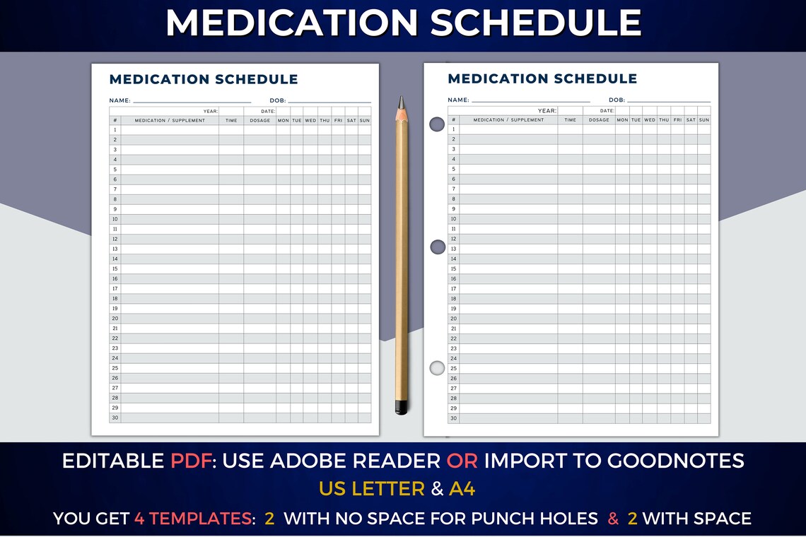 Medication Schedule Printable, Editable PDF, Goodnotes Template ...