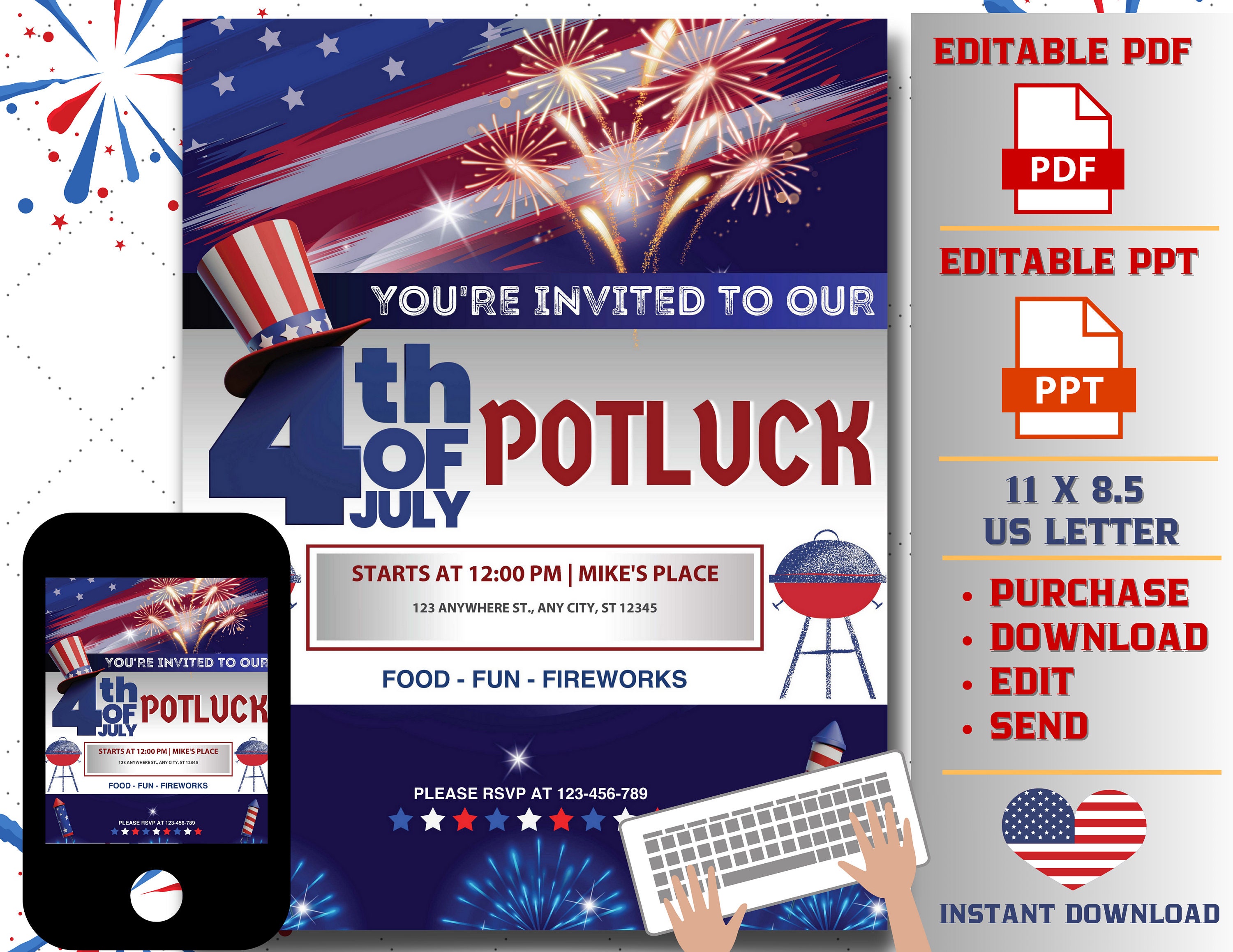 4th of July Potluck Invite, Independence Day, Digital Invitation, Party ...
