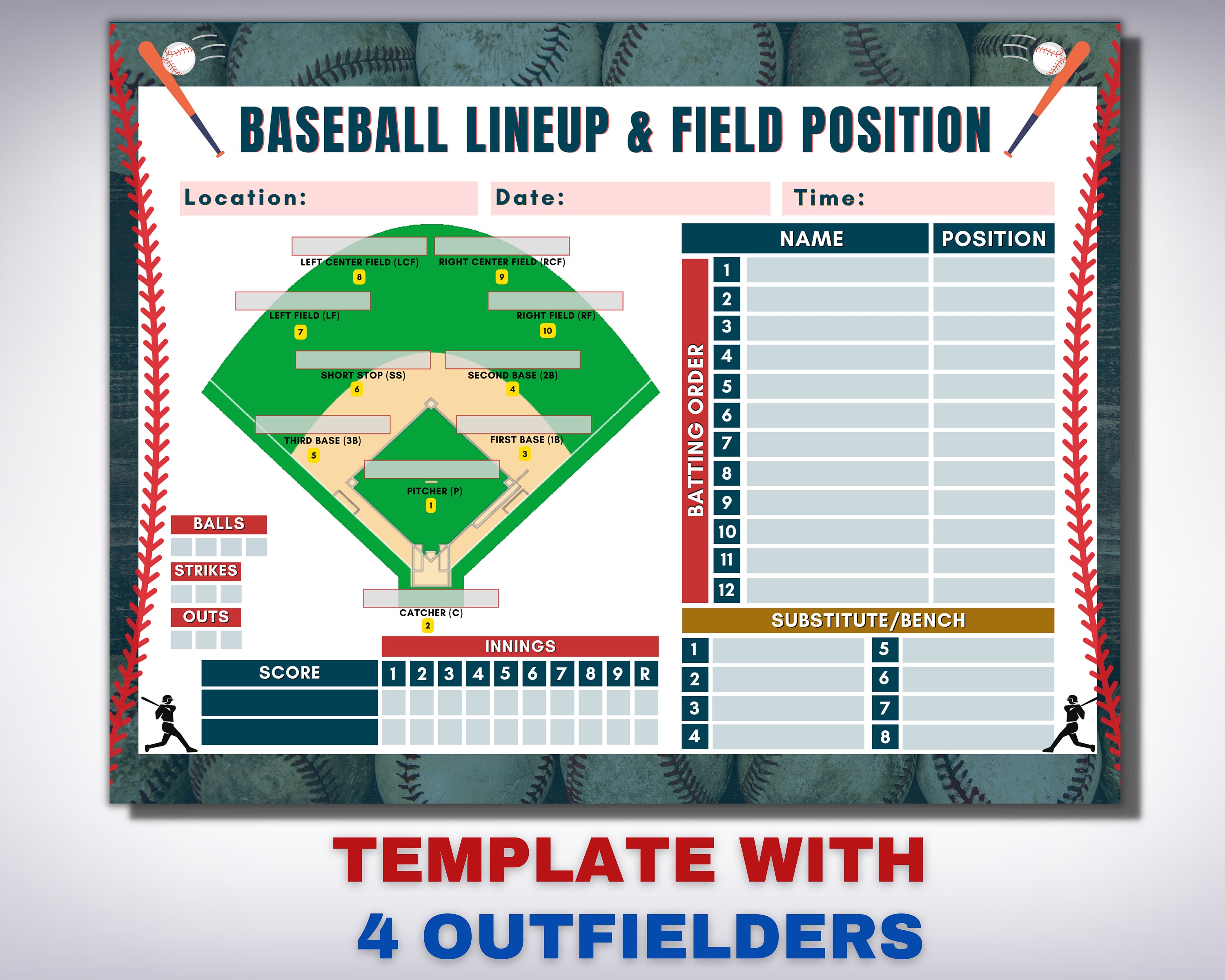 Baseball Lineup and Field Position, Baseball Batting Order, Editable ...