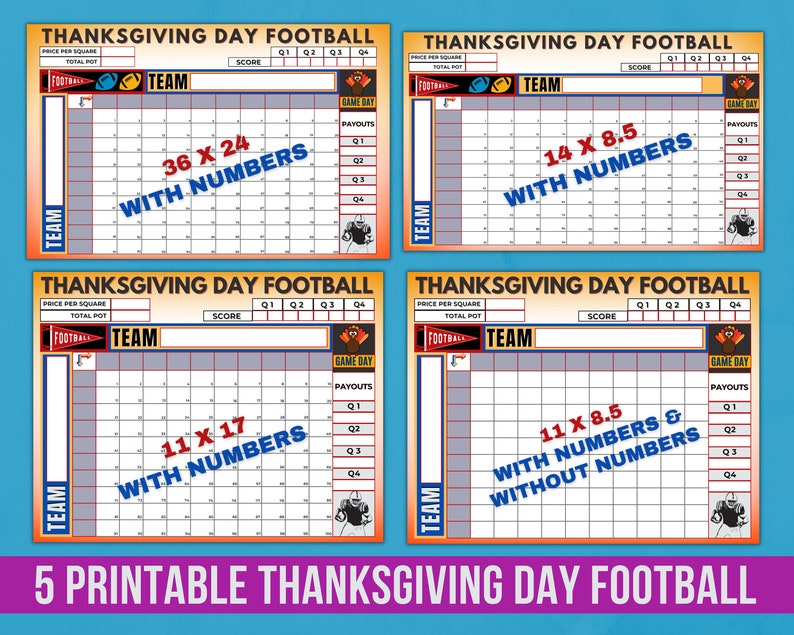 Thanksgiving Day Football Squares, Printable Templates in 4 Sizes ...