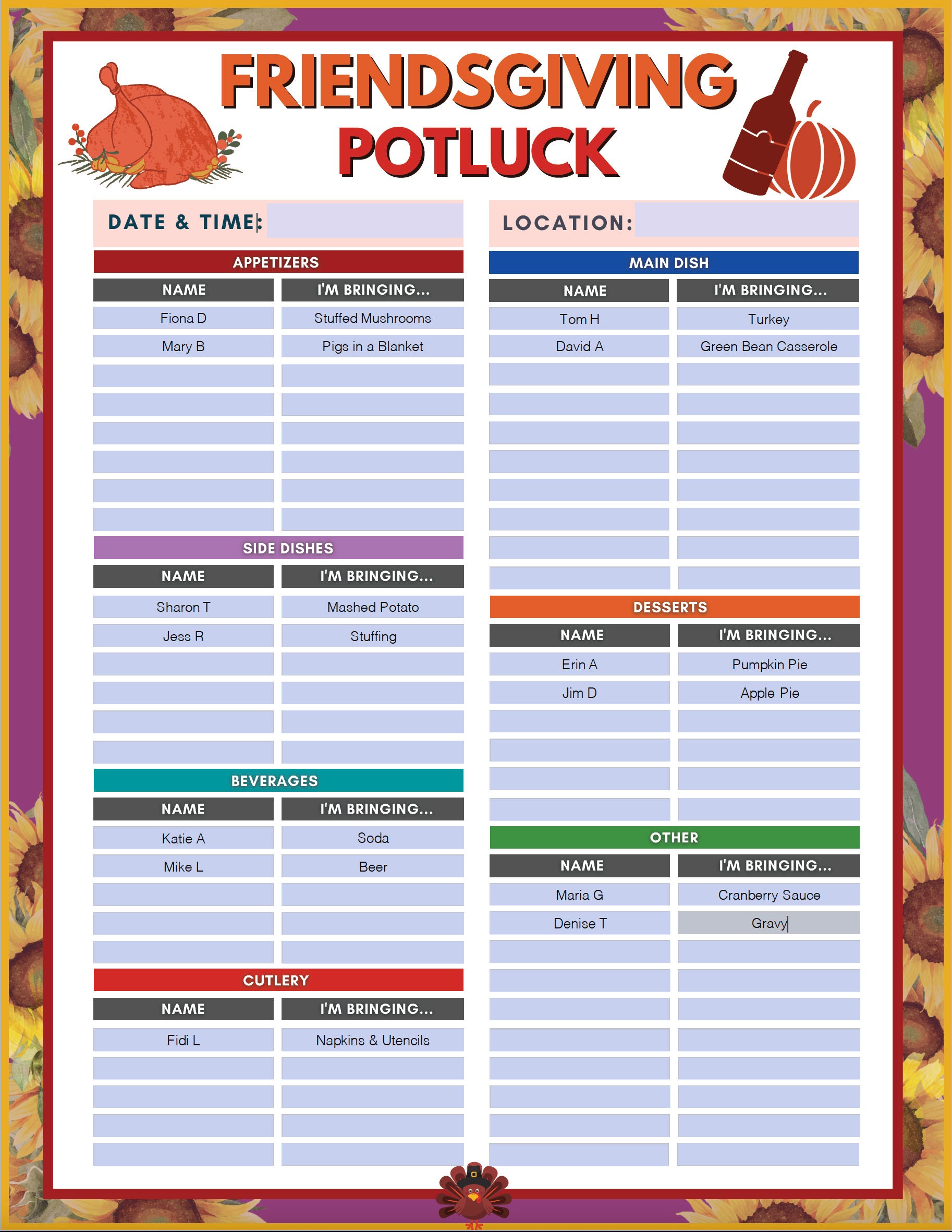 Friendsgiving Potluck Sign up Sheet, Google Slides, Editable PDF, Food ...
