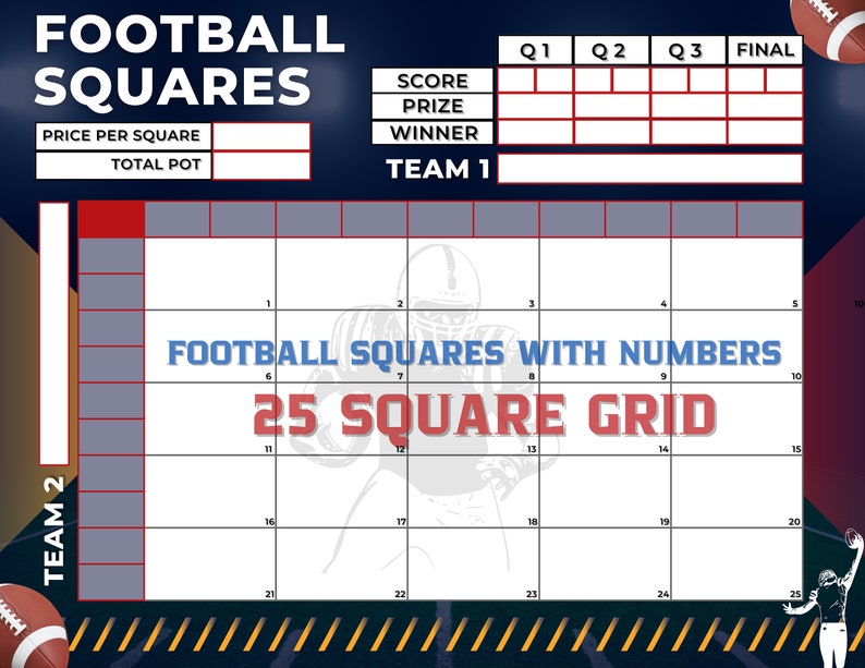 Football Squares, 25 Square Grid, Editable PDF Template, Printable PNG ...
