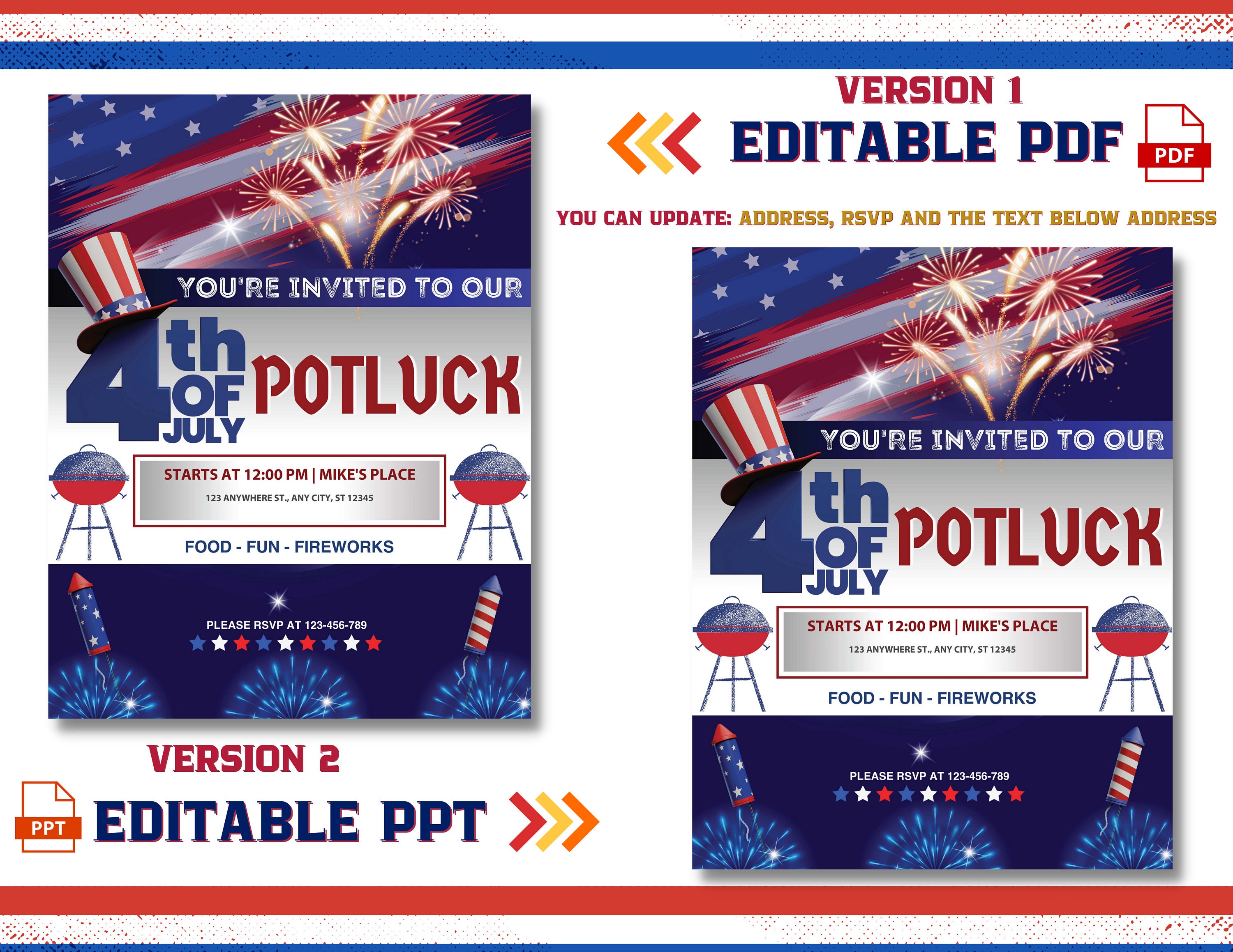 4th of July Potluck Invite, Independence Day, Digital Invitation, Party ...