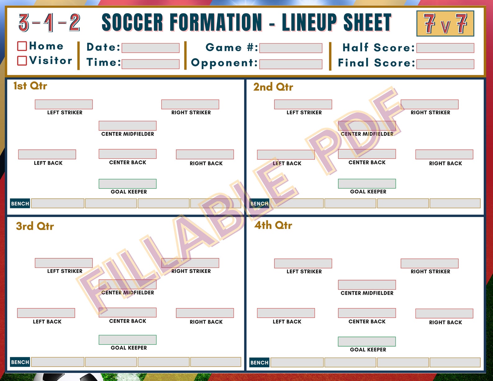7v7 Soccer Formation Lineup Sheet, Editable PDF, Soccer Training ...