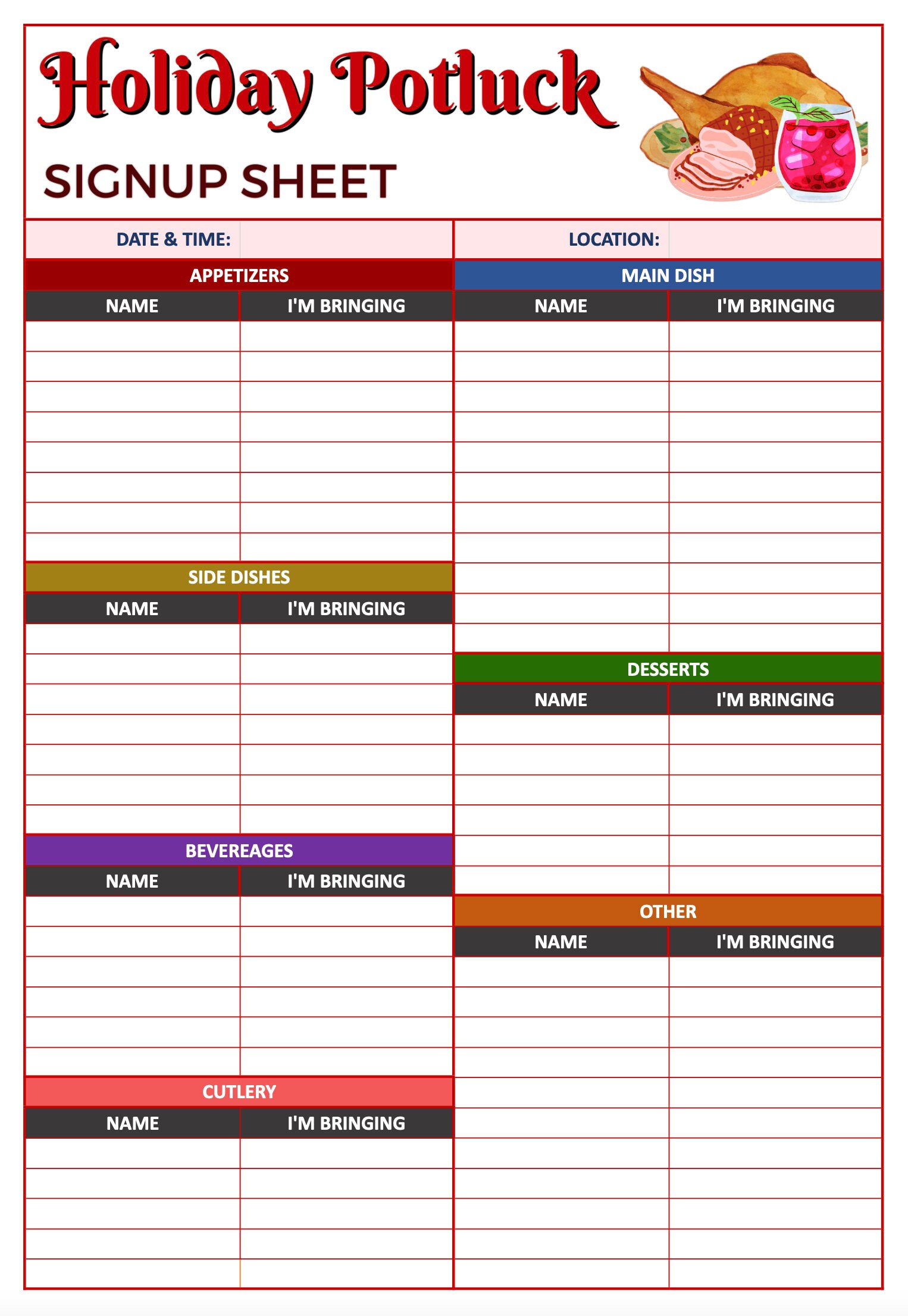 Holiday Potluck Sign up Sheet, Google Sheet, Editable Template, Food ...