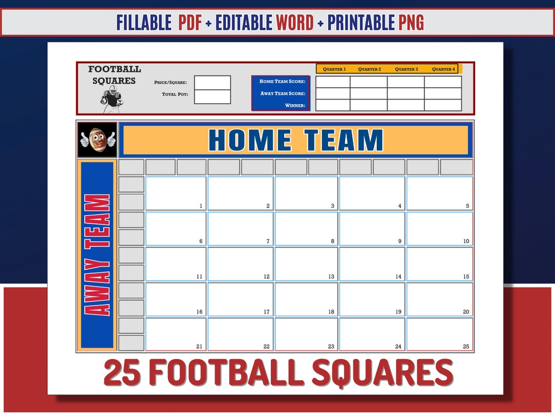Football Squares Template 25, 25 Square Grid, Printable Football ...