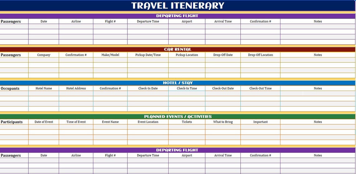 Travel Itinerary, Google Sheets Template, Google Sheets Planner, Travel ...