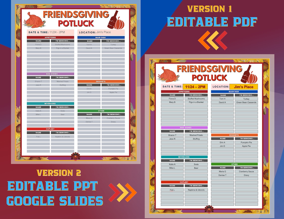 Friendsgiving Potluck Sign up Sheet, Google Slides, Editable PDF, Food ...