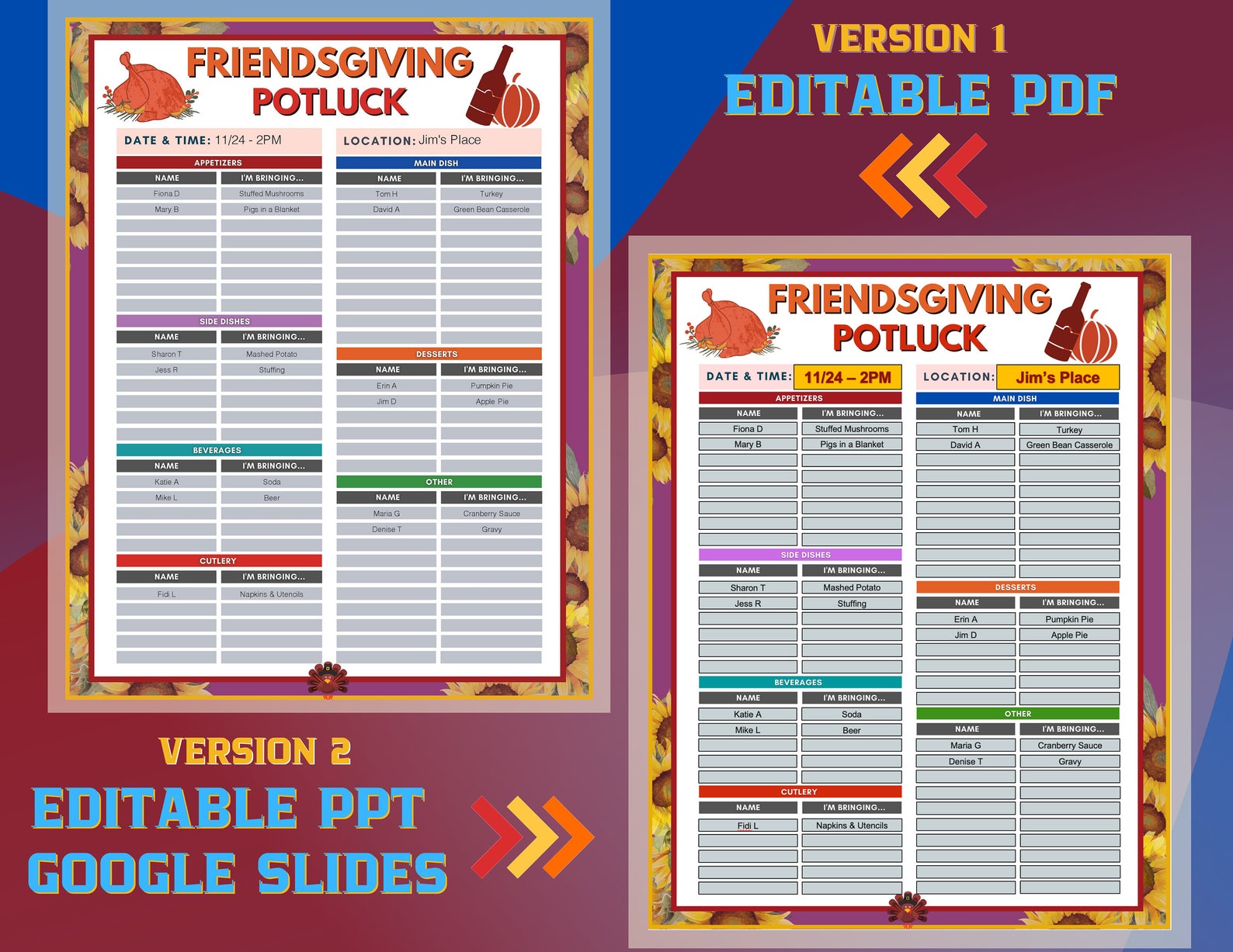 Friendsgiving Potluck Sign up Sheet, Google Slides, Editable PDF, Food ...