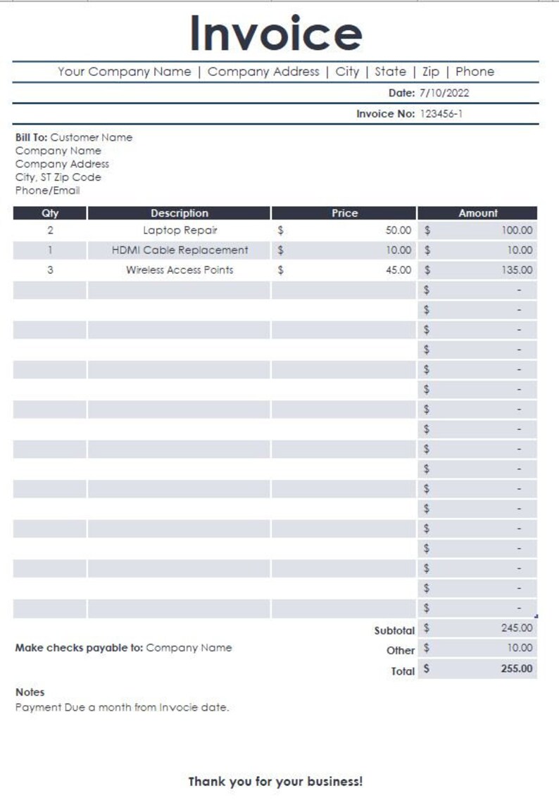 Editable Invoice Template, Google Sheets Invoice, Excel Invoice, PDF ...