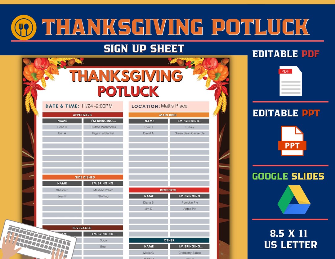 Thanksgiving Potluck Sign up Sheet Google Slides Food Sign - Etsy
