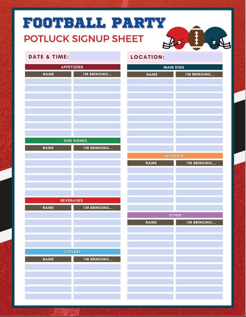 Football Party Printable, Potluck Sign up Sheet, Google Slides ...