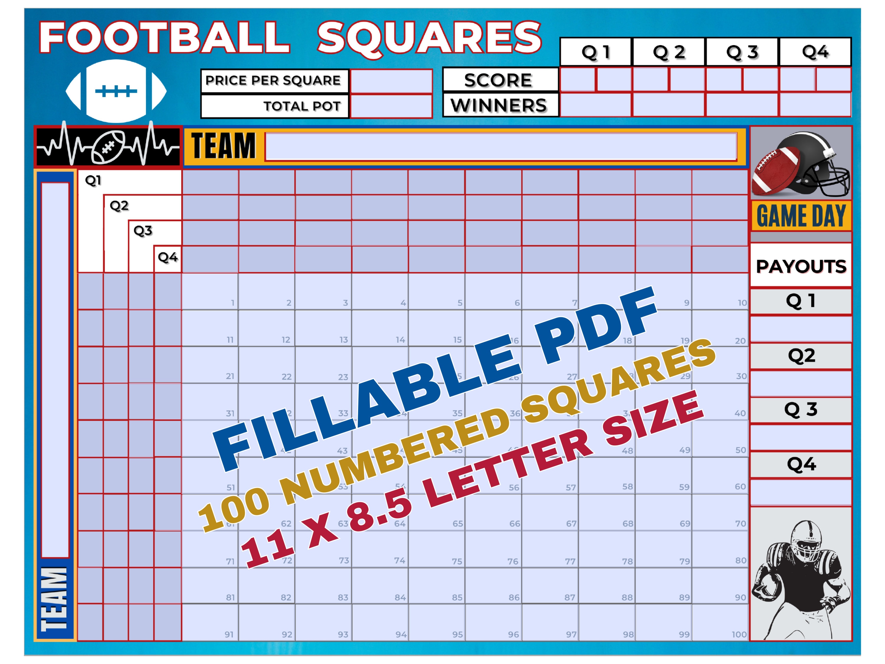 Quarter Line Football Squares, 4 Quarter Football Squares, 100 Squares ...