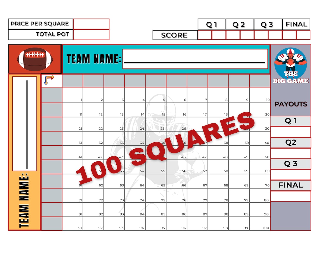 Football Squares, 100 Squares Football Pool, Football Pool Template ...