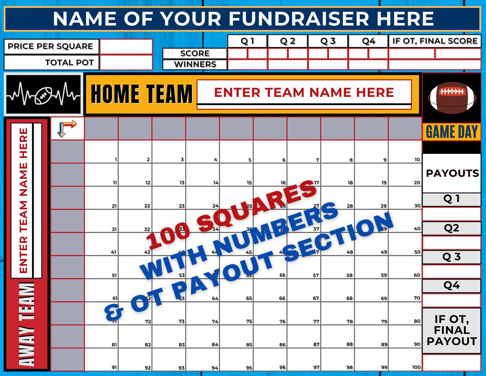 Editable Football Fundraiser Squares: Edit Team/fundraiser Name ...