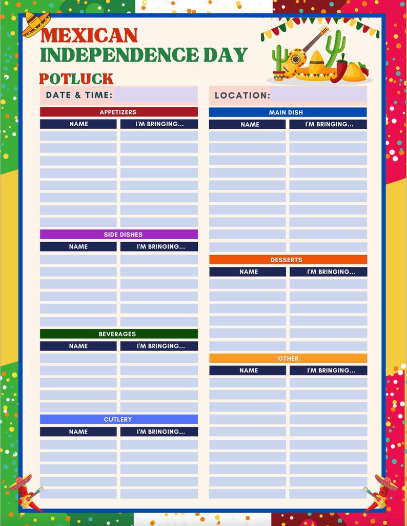 Mexican Independence Day Potluck Signup Sheet, Google Slides, El Grito ...