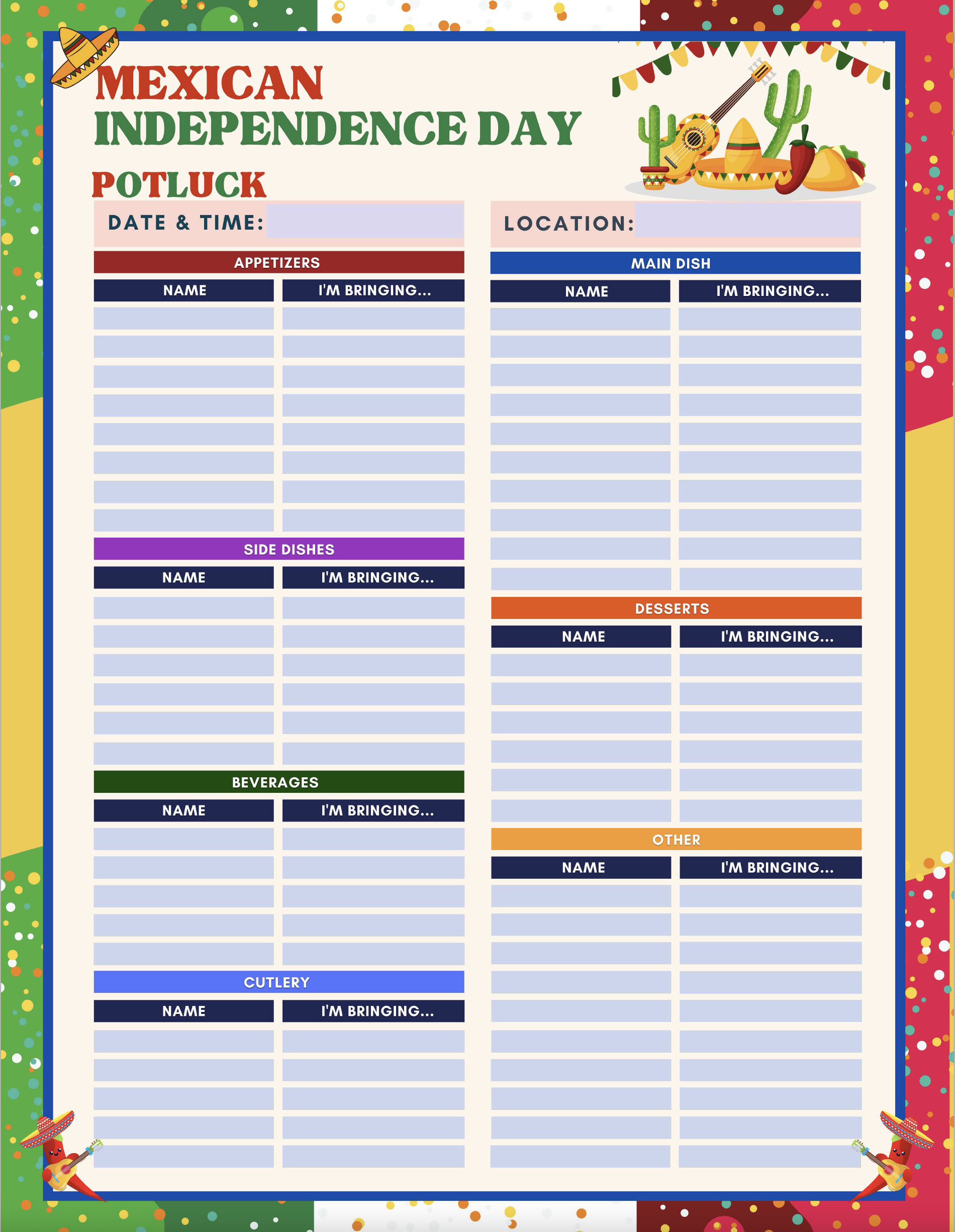 Mexican Independence Day Potluck Signup Sheet, Google Slides, El Grito ...