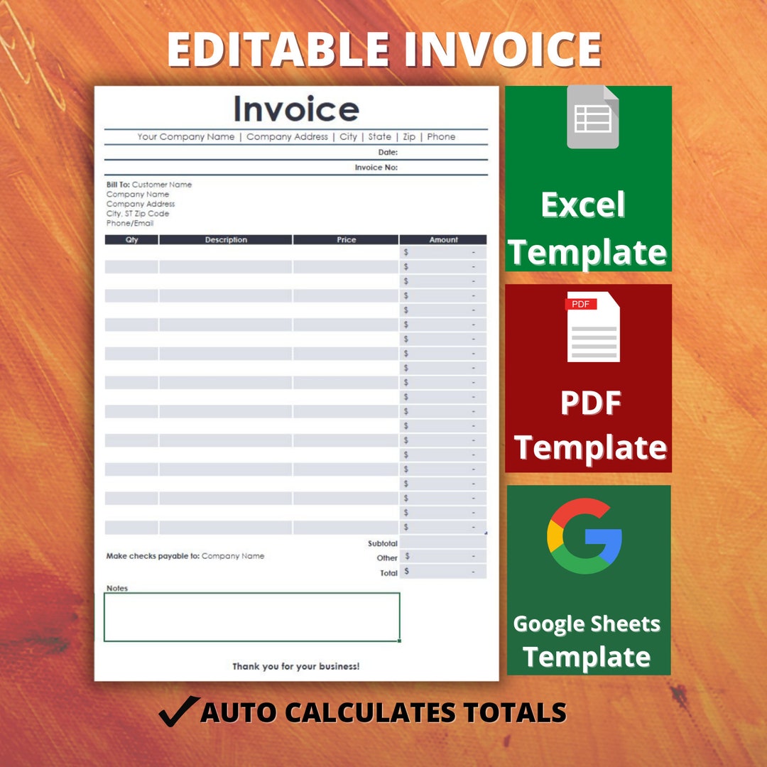 Editable Invoice Template, Google Sheets Invoice, Excel Invoice, PDF ...