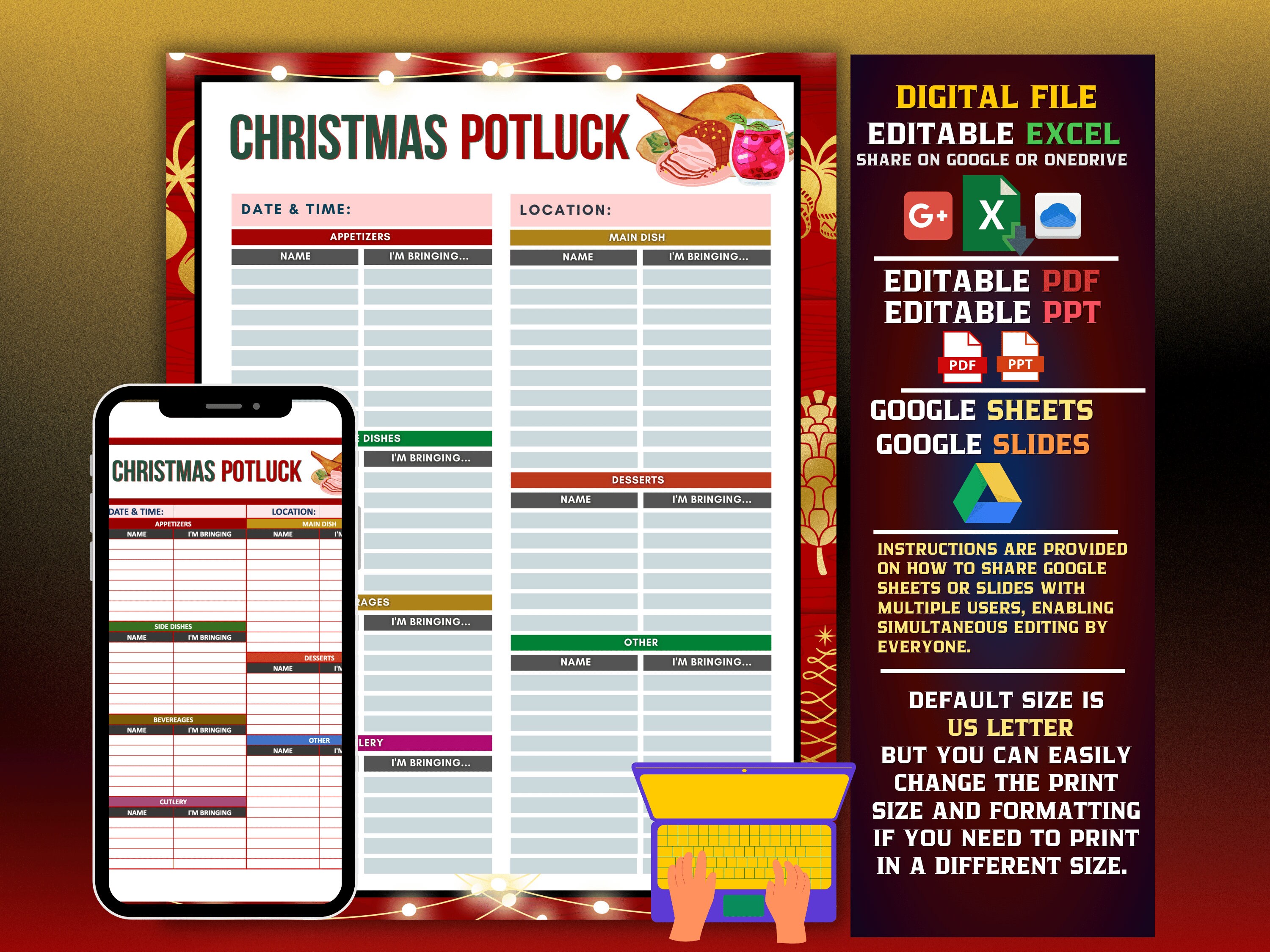 Christmas Potluck Sign up Sheet, Google Slides, Google Sheets, Editable ...