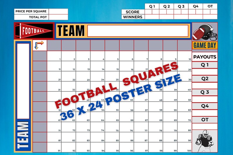 Football Squares, 100 Squares Football Pool Template, Football Boxes ...