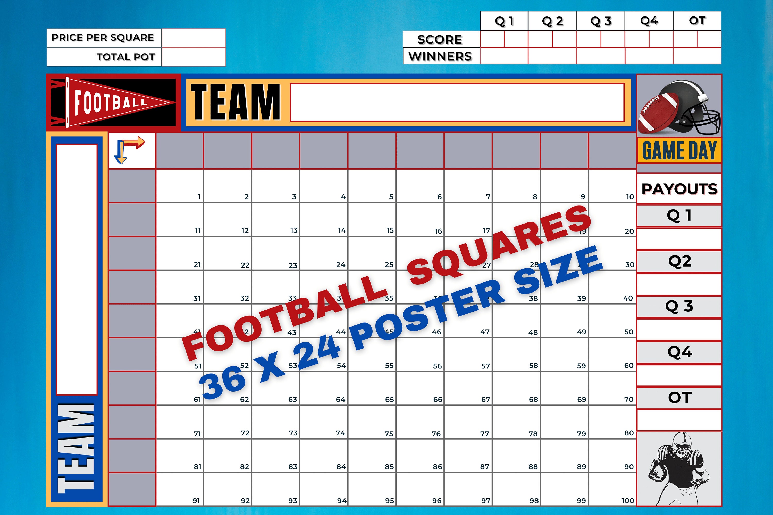 Football Squares, 100 Squares Football Pool Template, Football Boxes ...