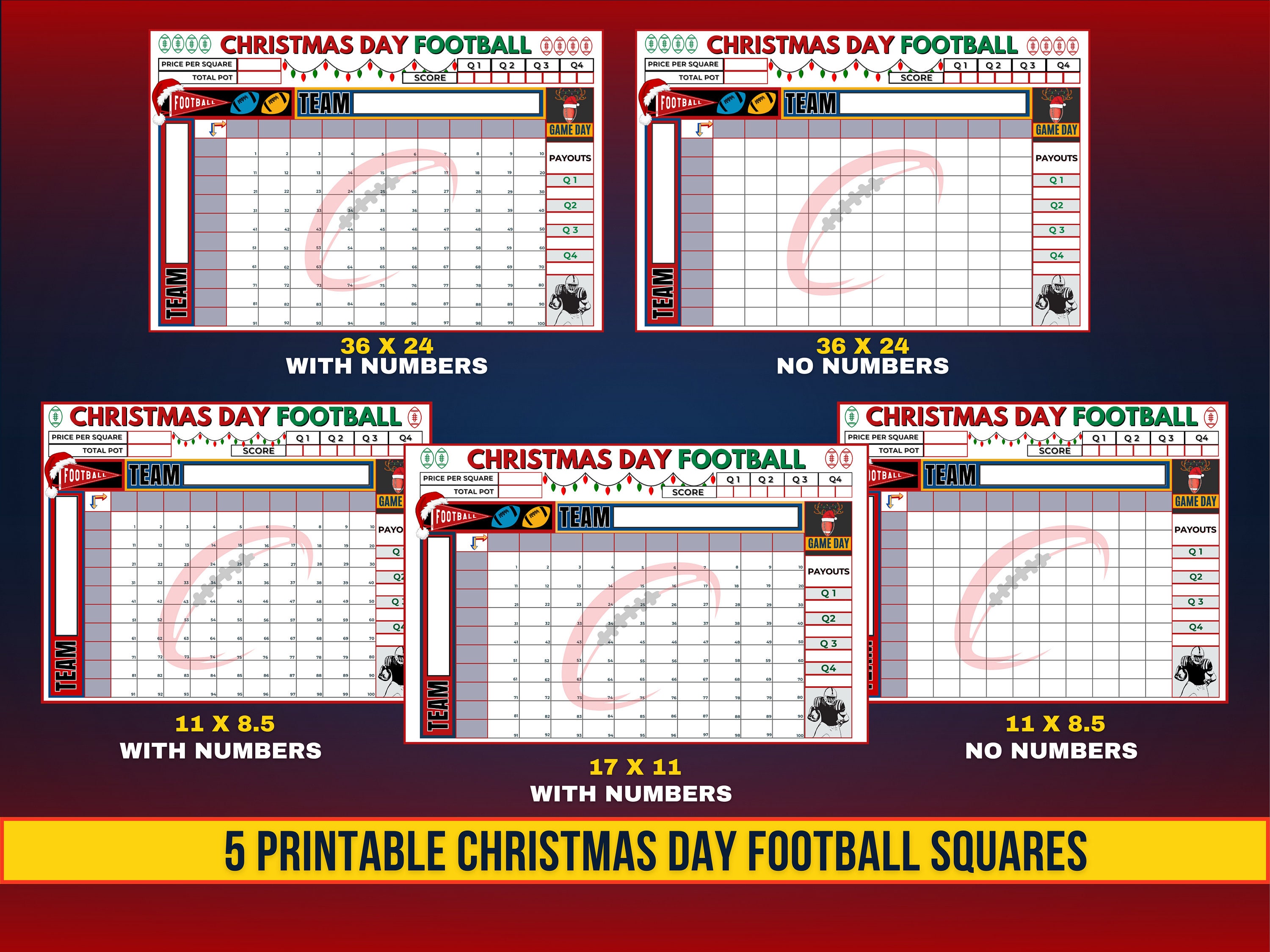 Christmas Day Football Squares, Printable Templates in 4 Sizes ...