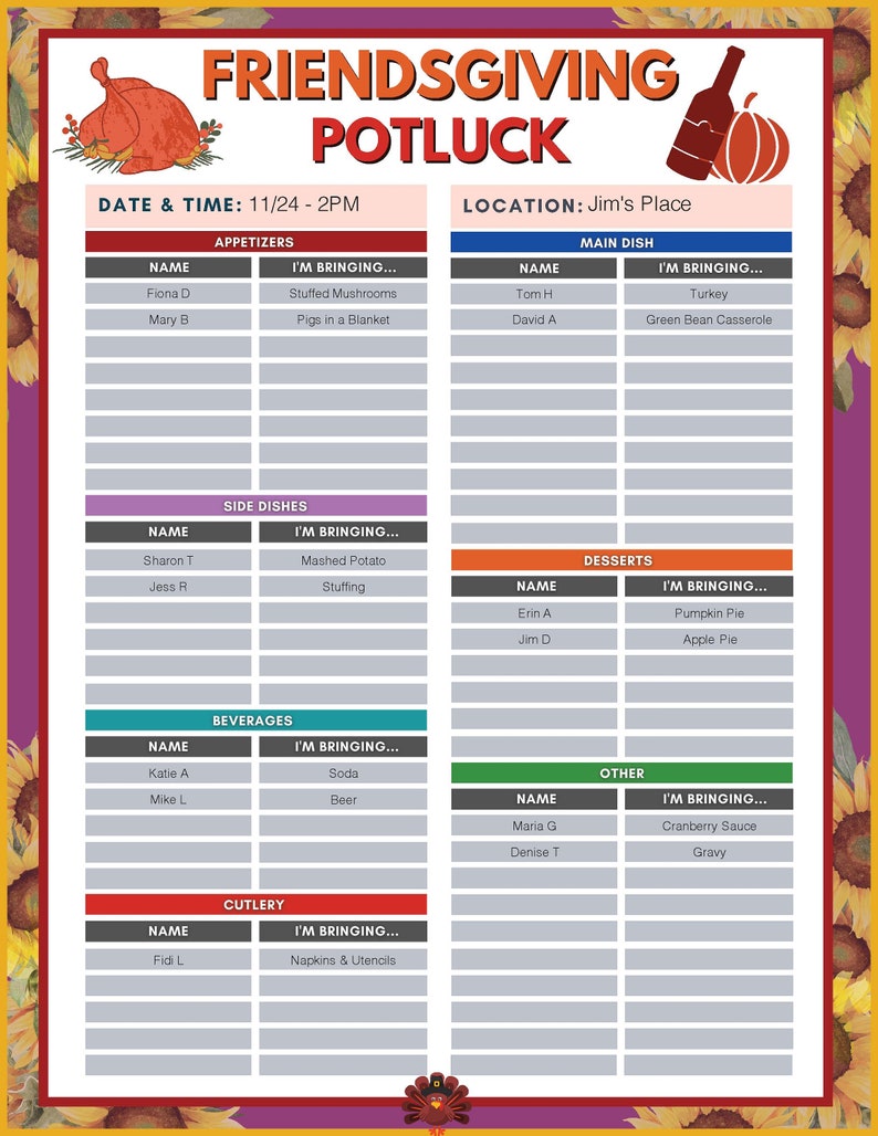 Friendsgiving Potluck Sign up Sheet, Google Slides, Editable PDF, Food ...