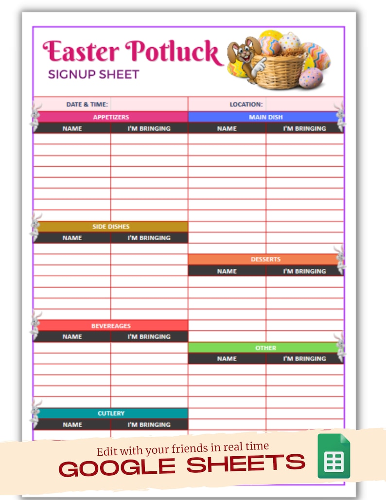 Easter Potluck Sign up Sheet, Google Slides, Editable Template, Instant ...