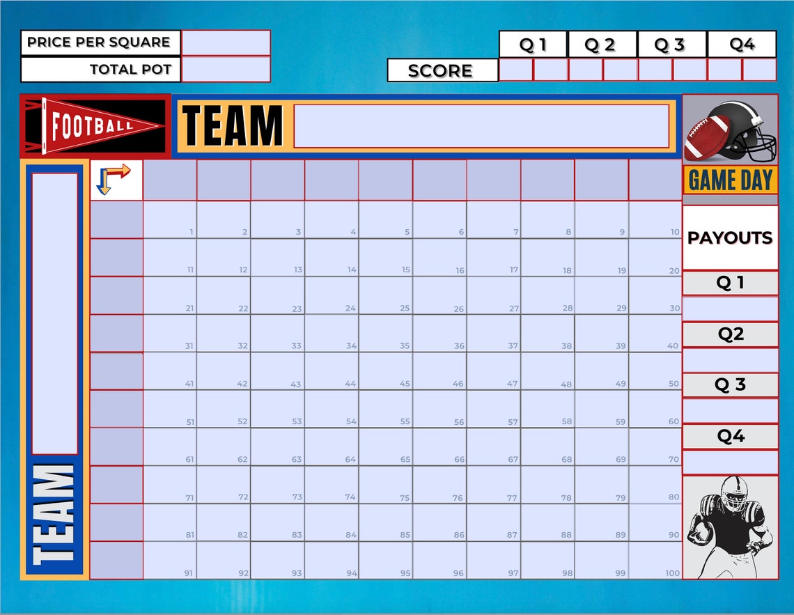 Football Squares 100 Squares Football Pool Template Football - Etsy