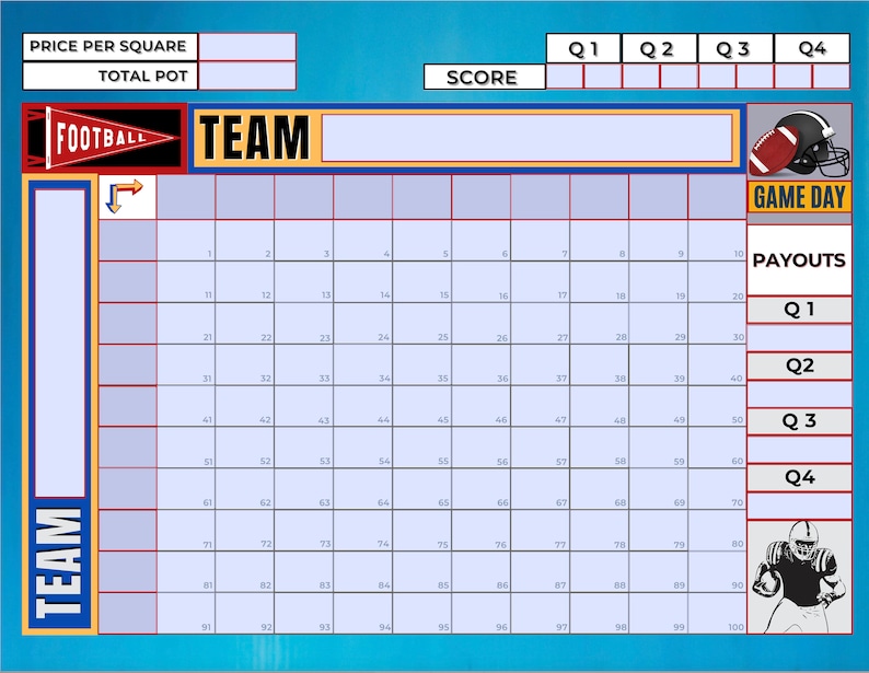 Football Squares 100 Squares Football Pool Template Football - Etsy