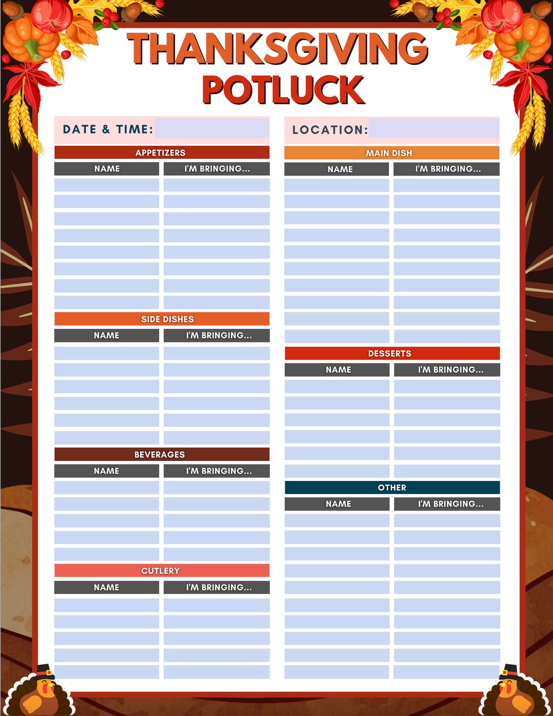 Thanksgiving Potluck Sign up Sheet Google Slides Food Sign - Etsy
