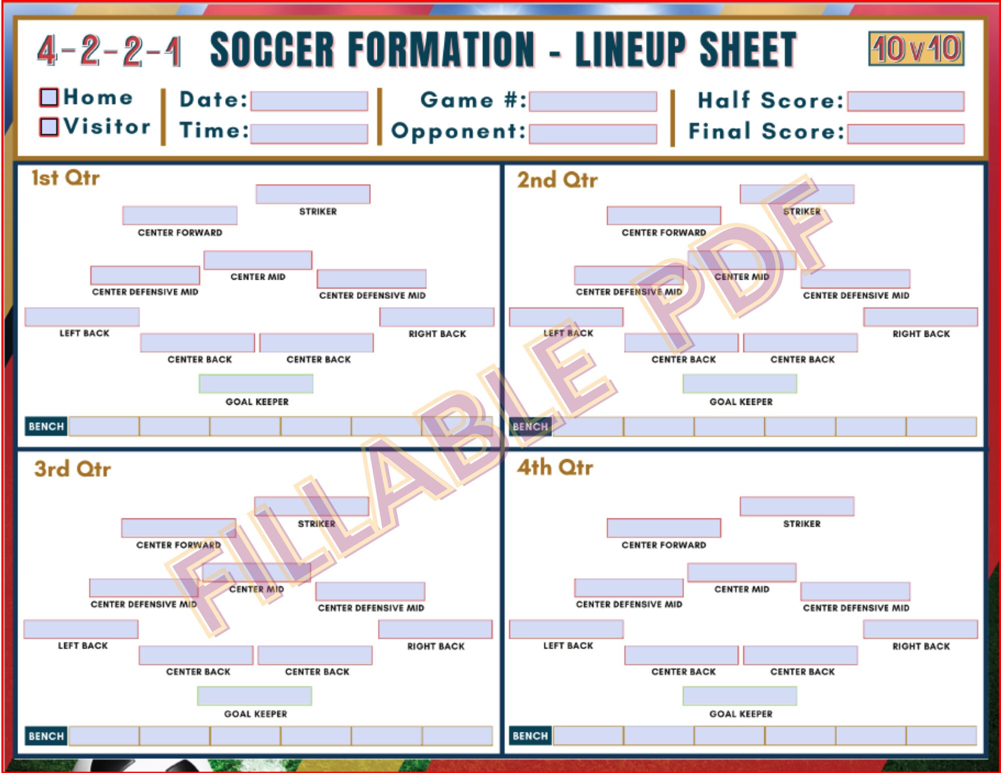 10v10 Soccer Formation Lineup Sheet, Fillable PDF, Soccer Training ...