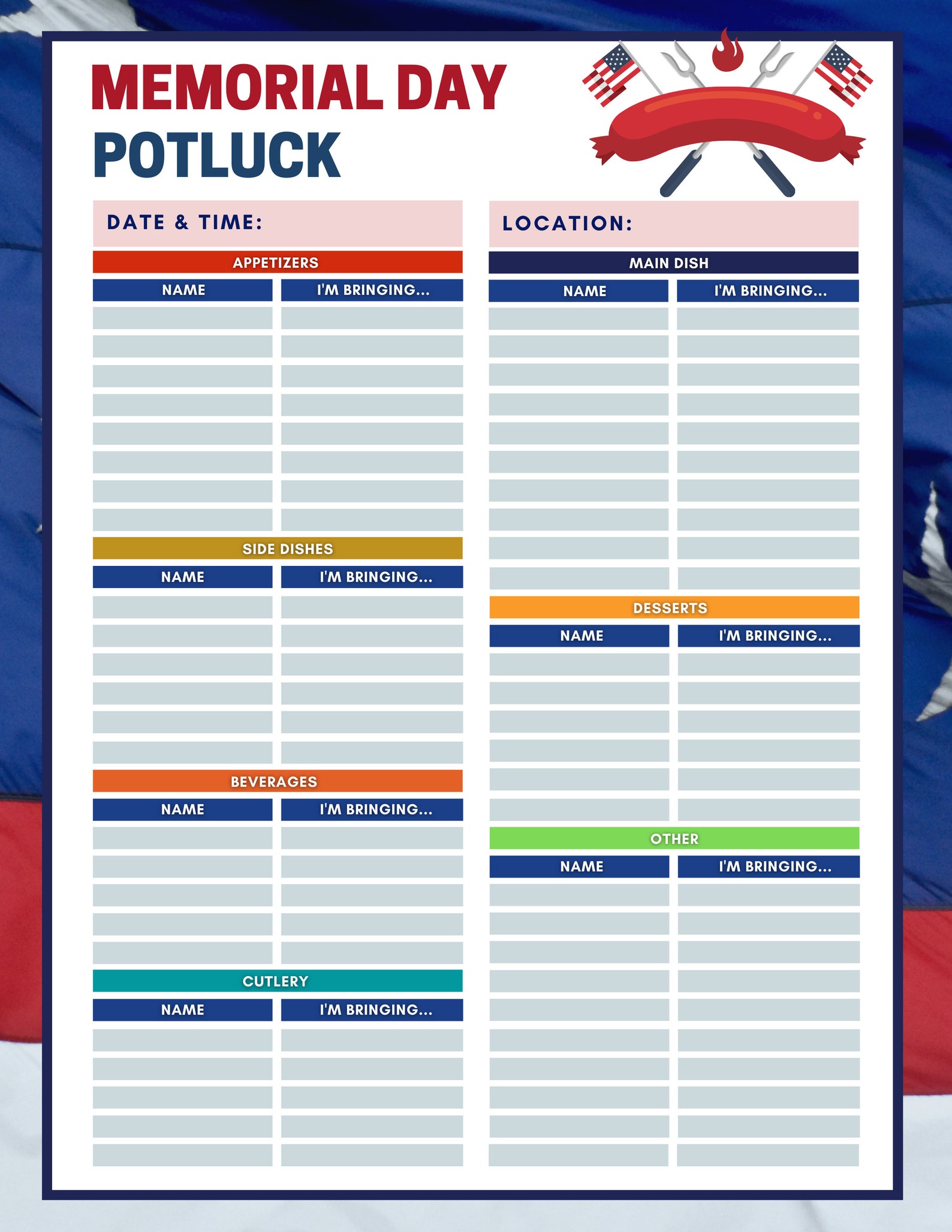 Memorial Day Potluck Sign Up Sheet Google Slides Editbale Pdf