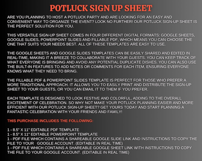 Editable Potluck Sign up Sheet, Potluck Google Sheets , Google Slides ...