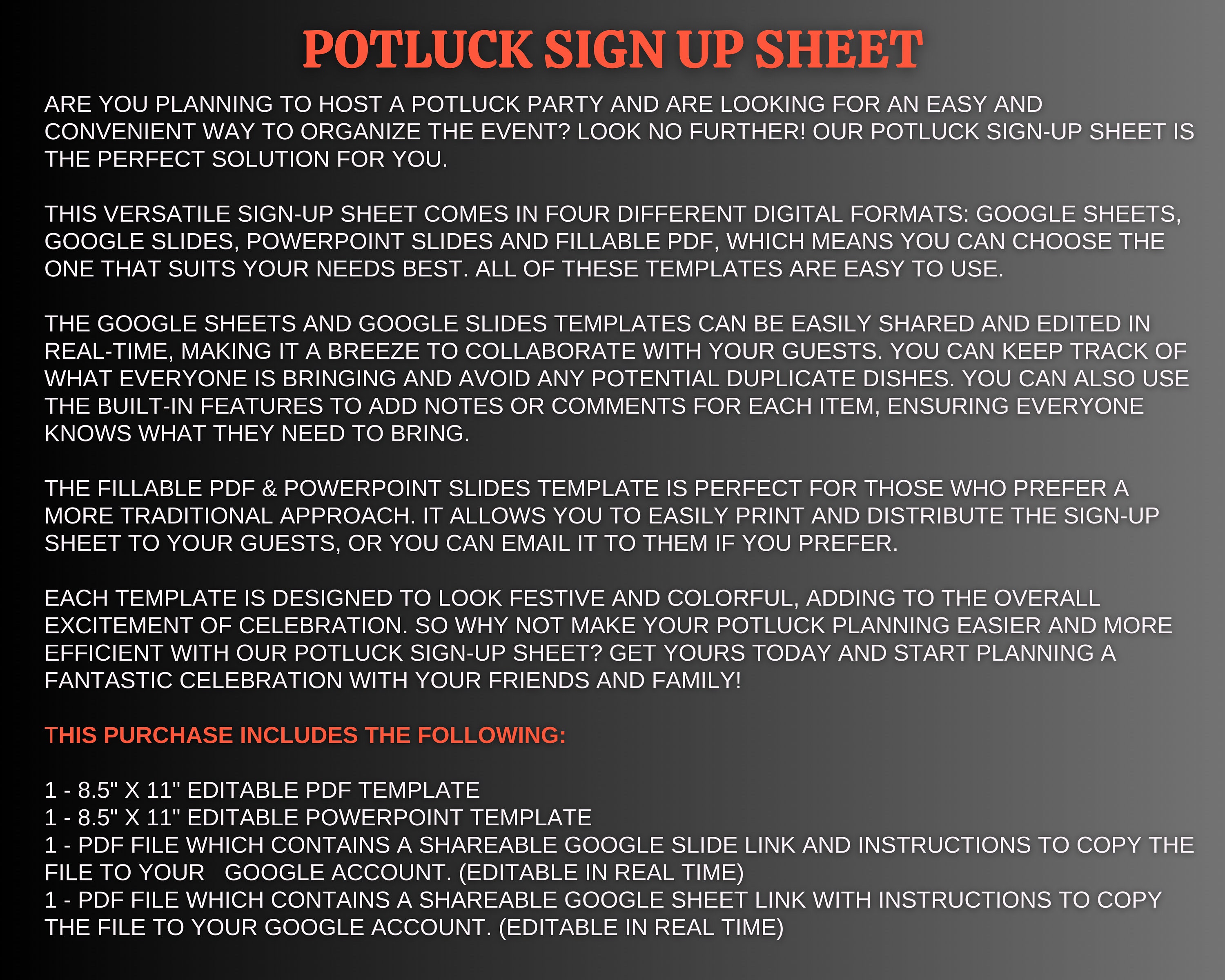 Editable Potluck Sign up Sheet, Potluck Google Sheets , Google Slides ...