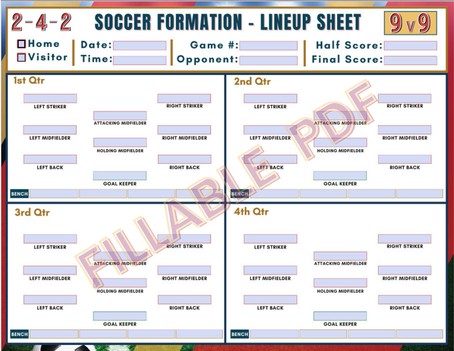 9v9 Soccer Formation Lineup Sheet, Editable PDF, Soccer Training ...
