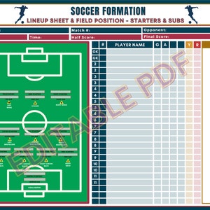 11v11 Soccer Formation Lineup Sheet With Starters and Subs, Fillable ...