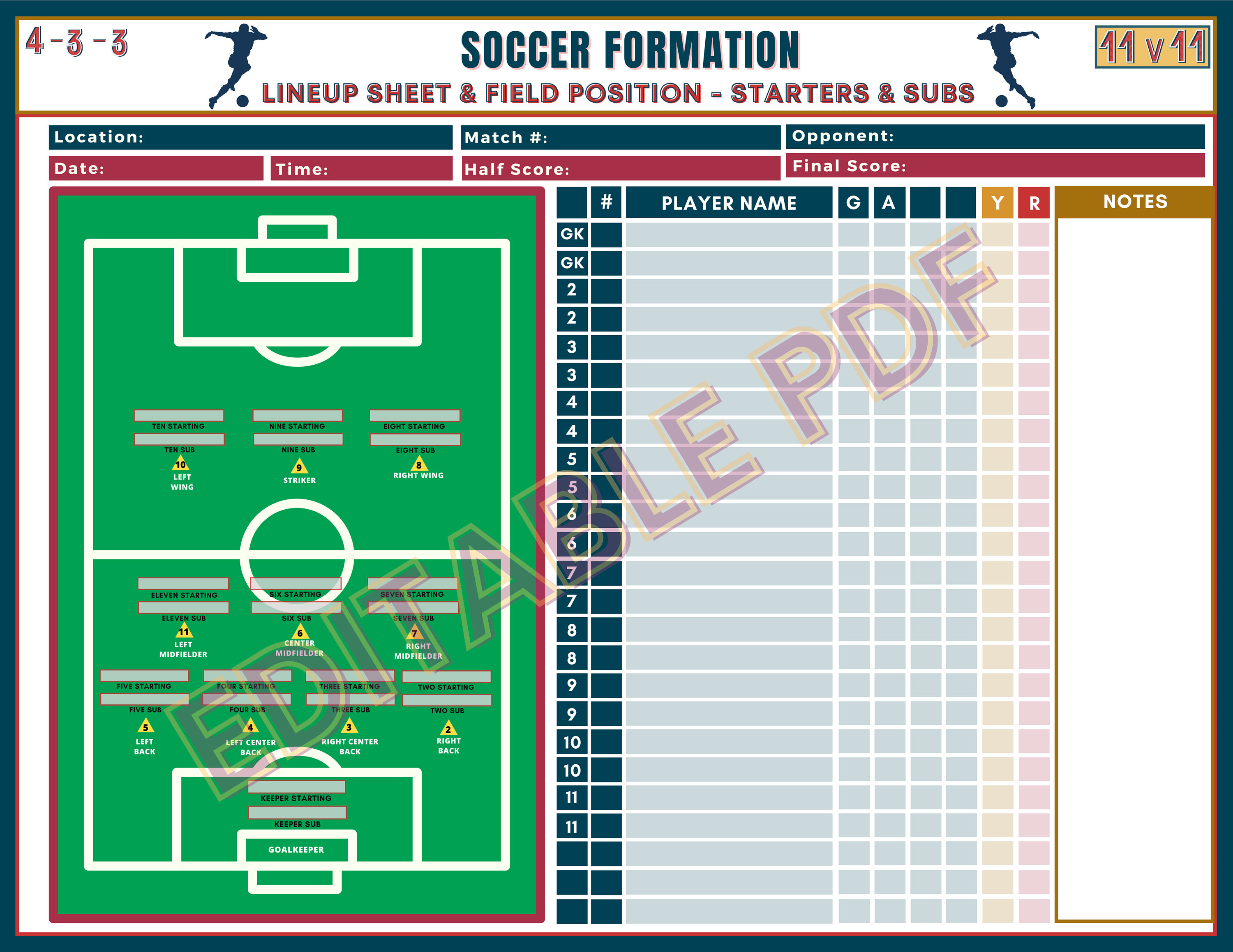 11v11 Soccer Formation Lineup Sheet With Starters and Subs, Fillable ...