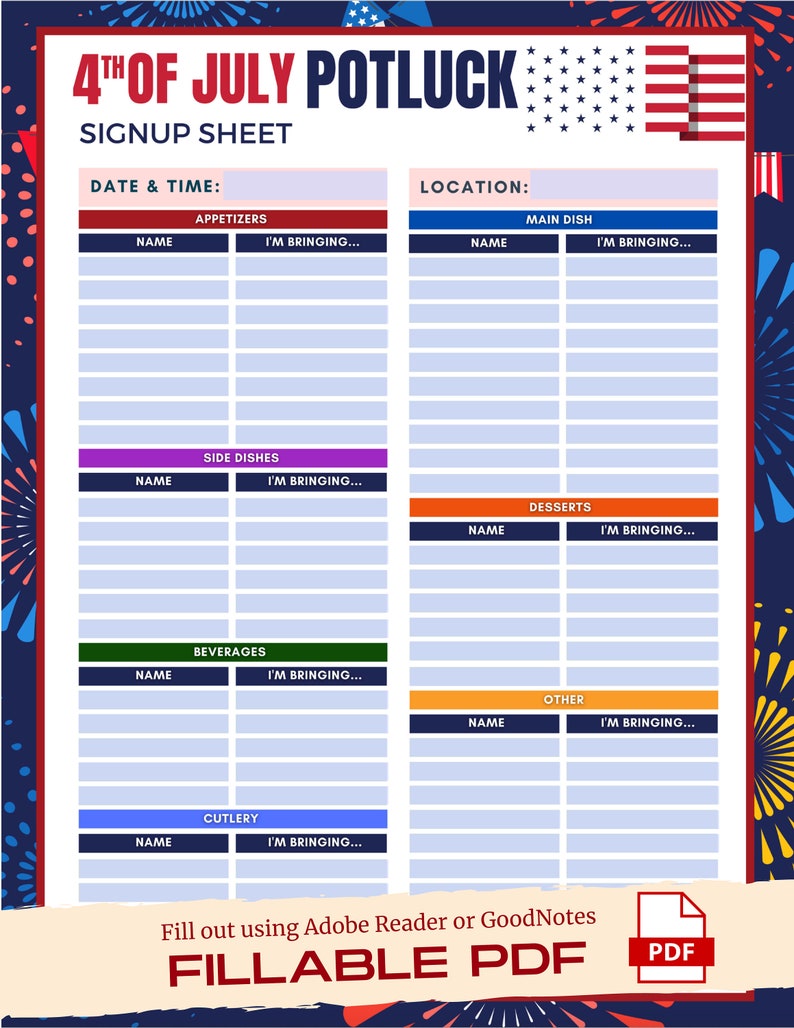 4th of July Potluck Sign up Sheet, Google Sheets, Google Slides ...